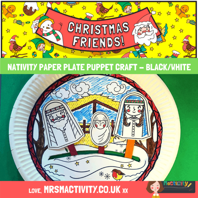 Nativity Paper Plate Puppet Show Craft - Black/White | Mrs Mactivity