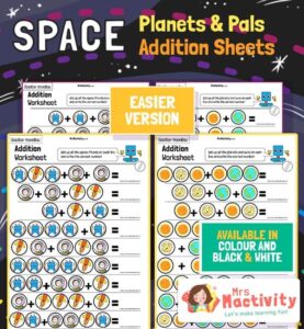 Space And Planets Addition Worksheets - Easier Version | Mrs Mactivity
