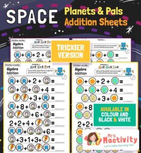 Space And Planets Addition Worksheets - Trickier Version | Mrs Mactivity