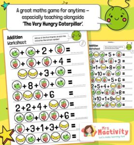 Very Hungry Caterpillar Fruit Addition Worksheets | Mrs Mactivity