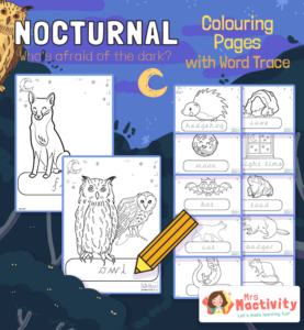 Nocturnal Animals Colouring Pages Word Trace | Light And Dark Resources