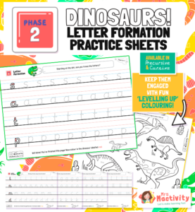 Phase 2 Letter Formation Practice Sheets – Dinosaur Themed | EYFS Phonics