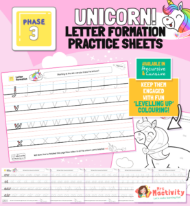 Phase 3 Letter Formation Practice Sheets - Unicorn Themed | Letter ...