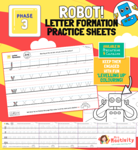 Phase 3 Letter Formation Practice Sheets - Robot Themed | Mrs Mactivity