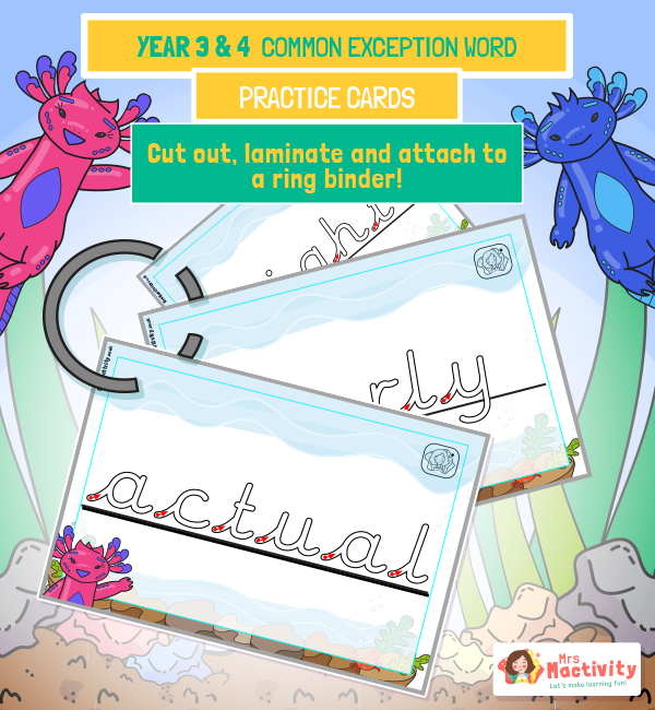Year 3/4 Common Exception Words Handwriting Practice Cards - Axolotl ...
