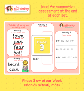 Phonics Activity Mat | Phase 3 Ow Oi Ear | Phonics Activity Mats