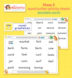 Phase 3 Vowel Graphemes Sound Buttons Activity Sheets | Phase 3 Sound ...