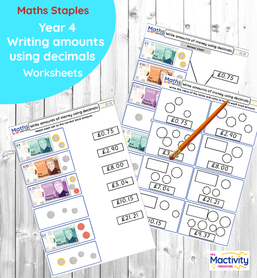 Year 4 Writing Amounts Using Decimals Worksheets Money Activity