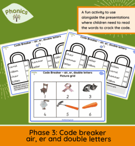 Phase 3 Code Breaker Phonics Worksheet – Air, Er And Double Letters