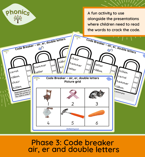 Phase 3 Code Breaker Phonics Worksheet – Air, Er And Double Letters