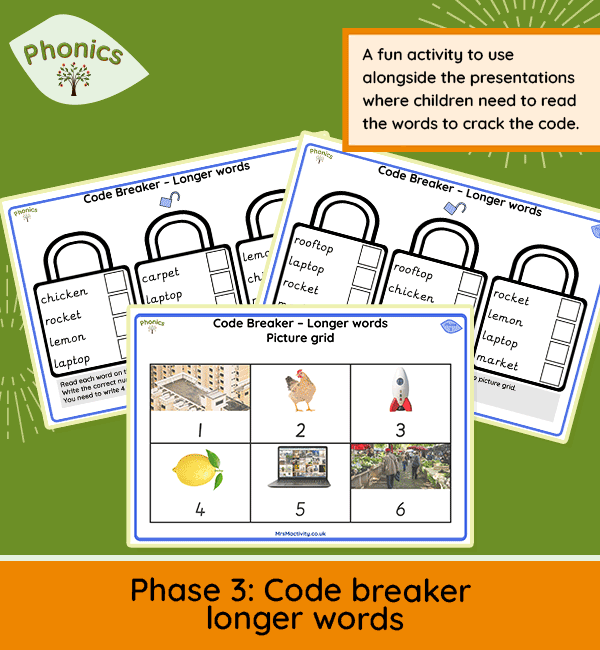 Phase 3 Code Breaker Phonics Worksheet Longer Words – Reception