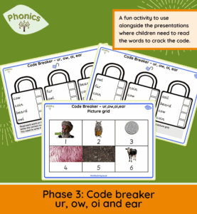 Phase 3 Code Breaker Ur Ow Oi Ear Phonics Worksheet For Reception