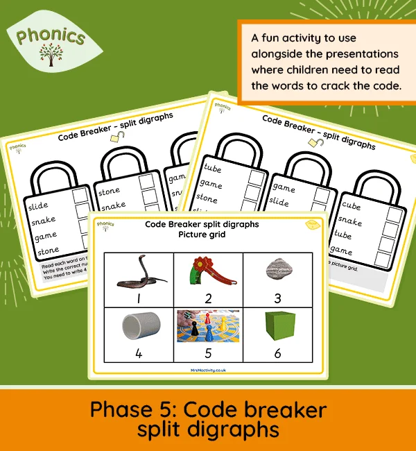 Phase 5 Phonics Worksheets Split Digraphs – Code Breaker Activity